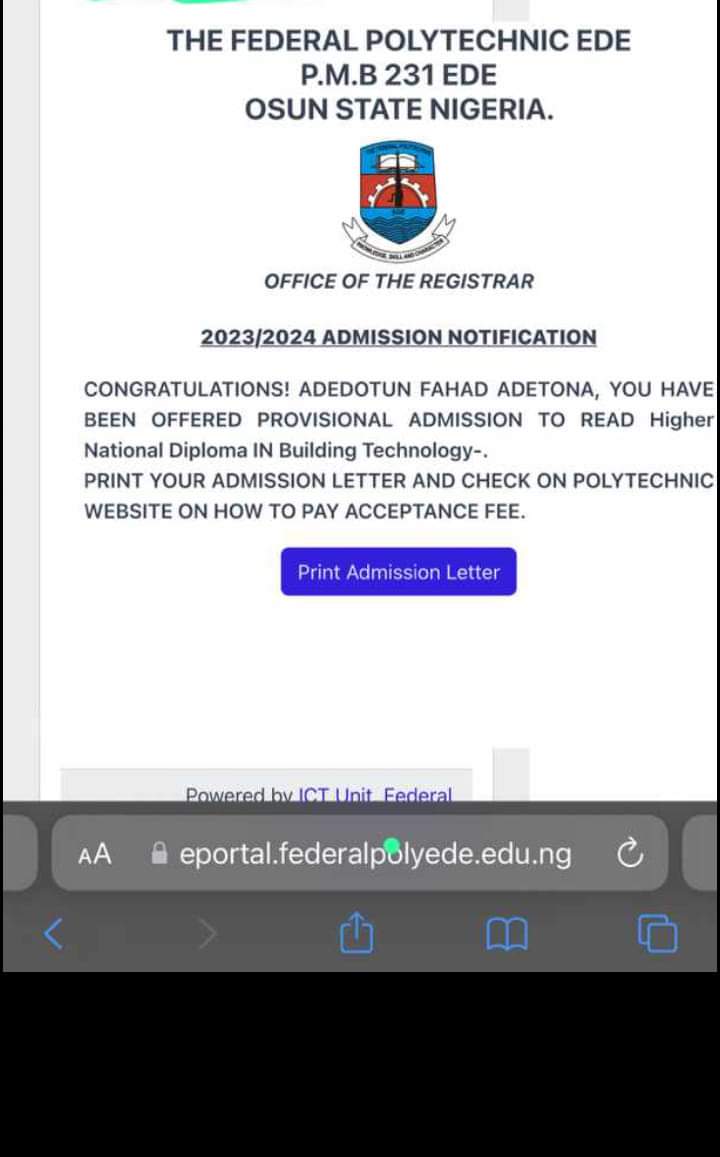 FEDERAL POLYTECHNIC, EDE RELEASES ND AND HND ADMISSION LIST ON SCHOOL ...