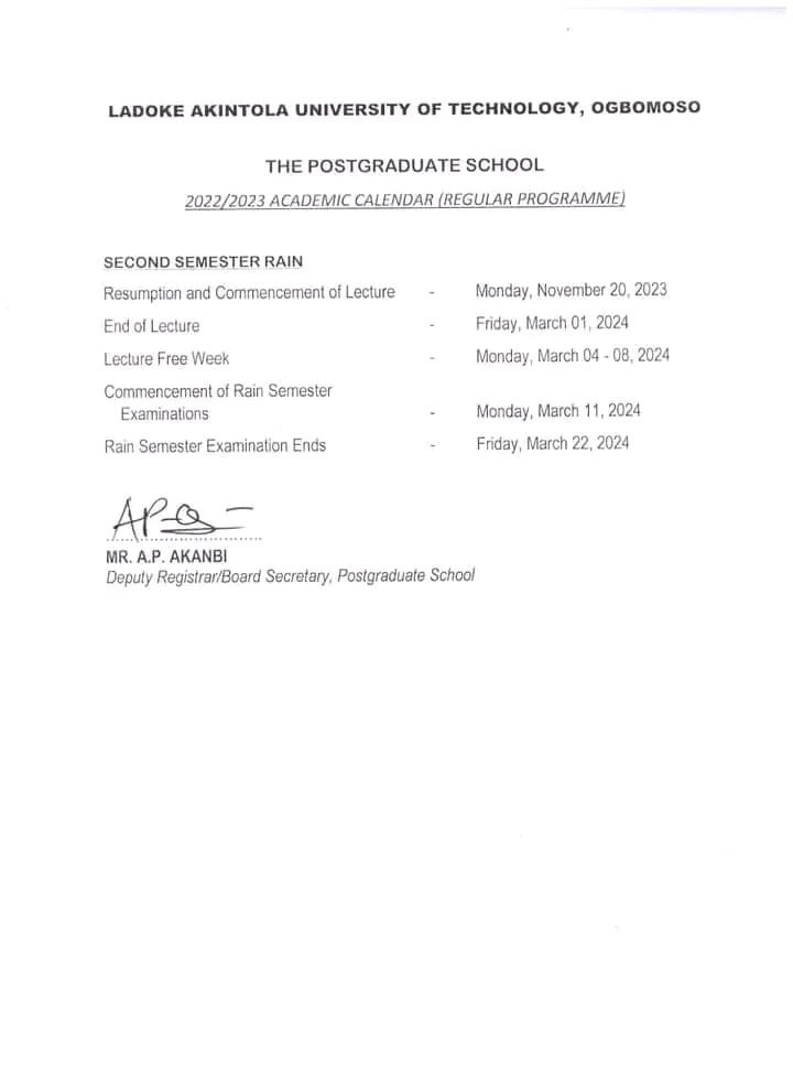 LADOKE AKINTOLA UNIVERSITY OF TECHNOLOGY, (LAUTECH) DISCHARGE ...